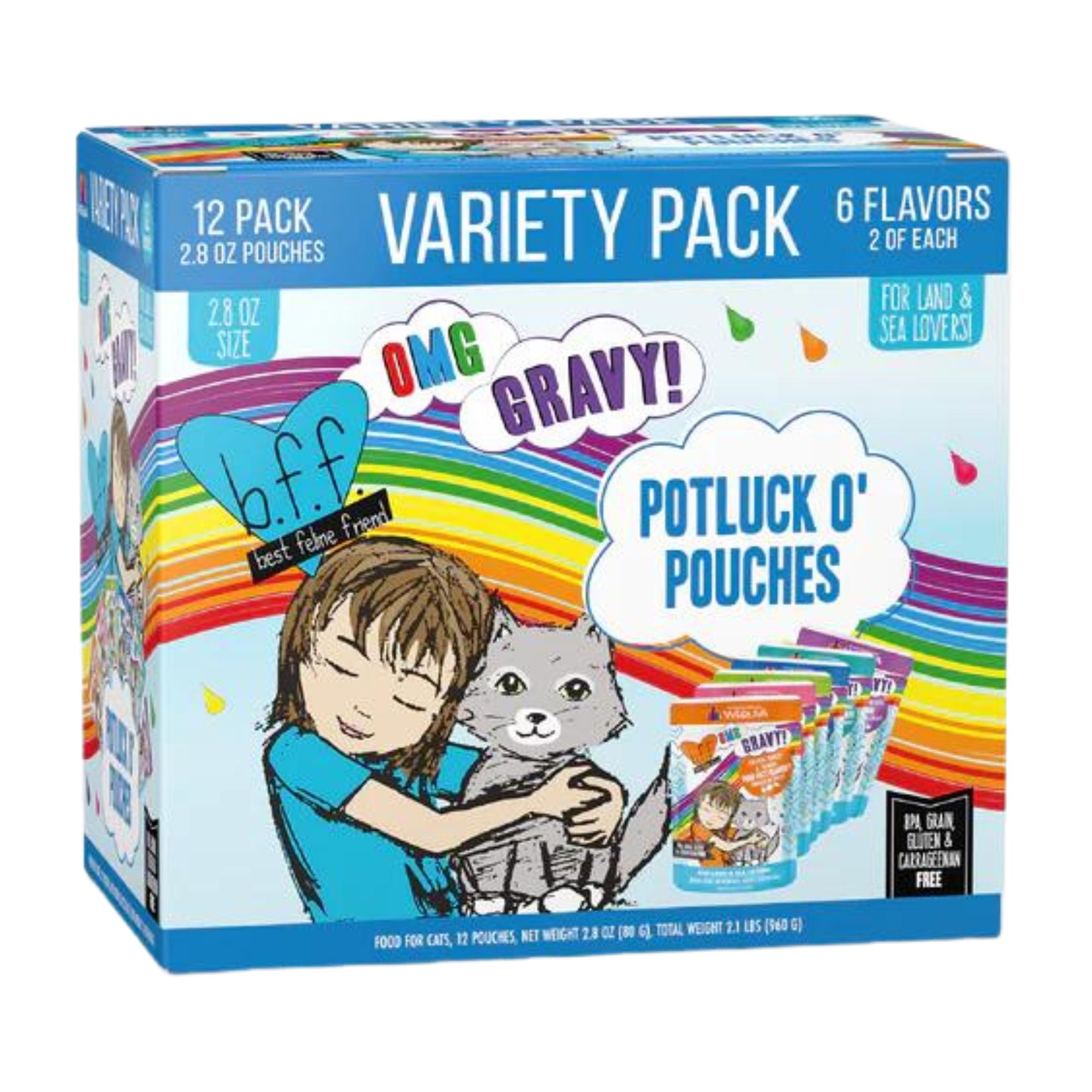 BFF Cat Omg Potluck O Pouches Variety Pack. 2.8oz.(Case of 12) – Waggle Shop